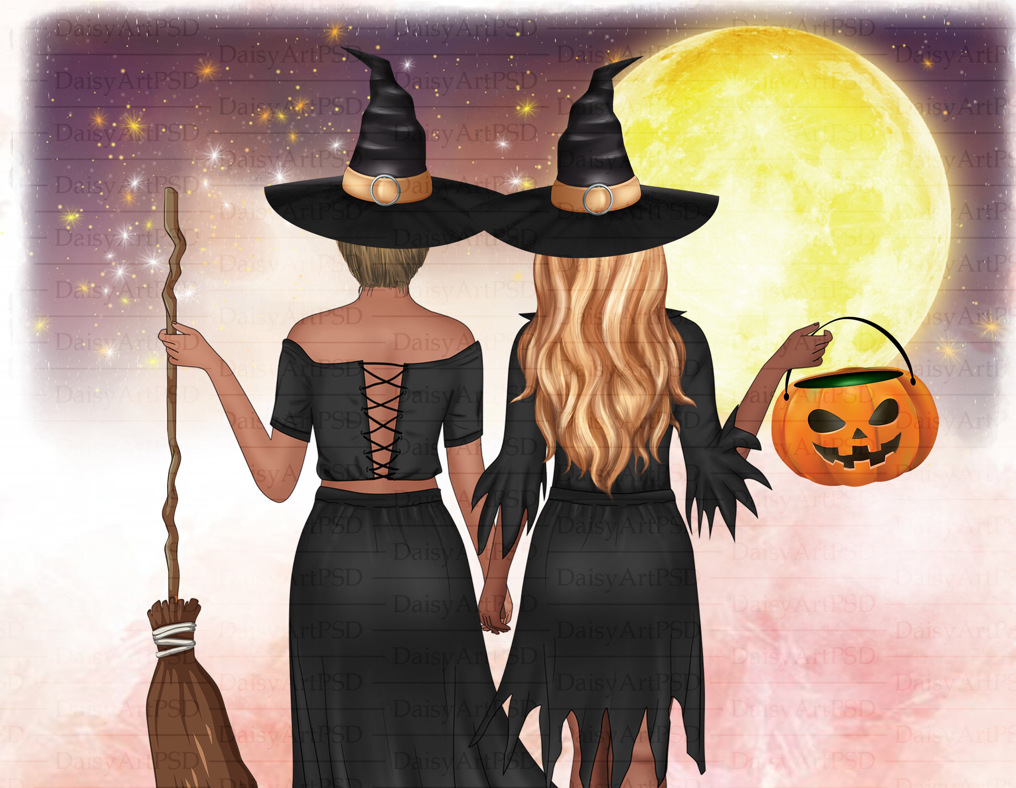 Best Friend Halloween Custom Clipart. Girl Holding a Broom. | Etsy