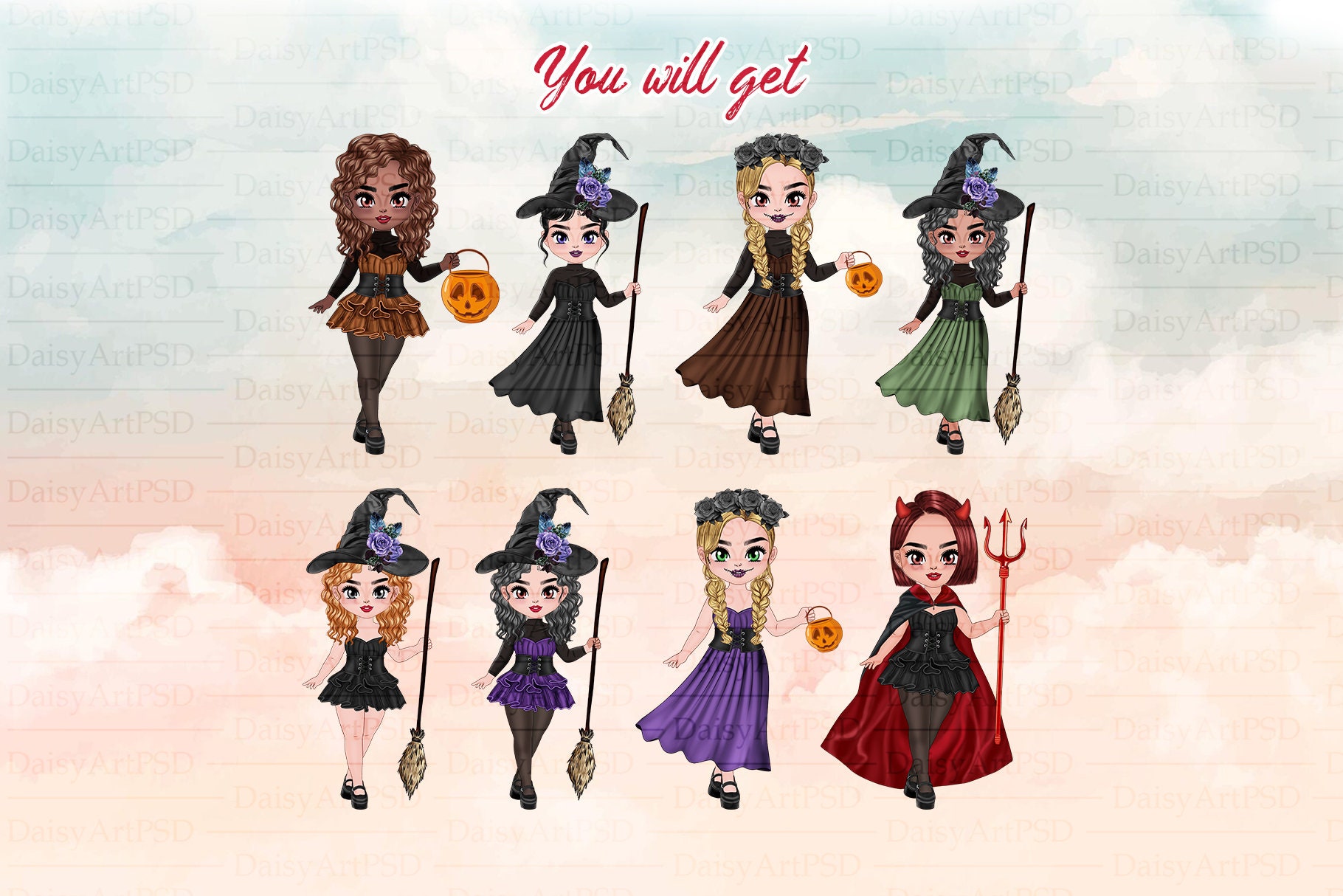 Halloween Chibi Clipart Best Friend Witch Sisters Vampire - Etsy
