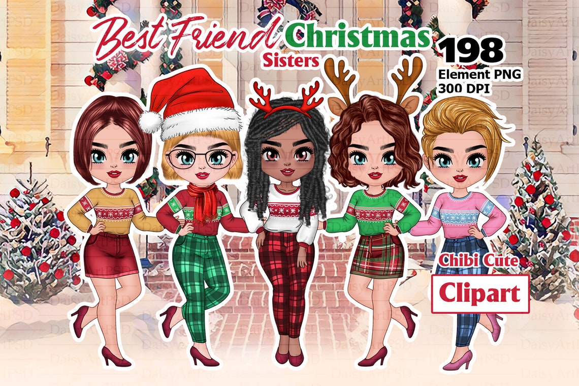 Christmas Best Friends Chibi Clipart, Best Friends Together, Besties ...