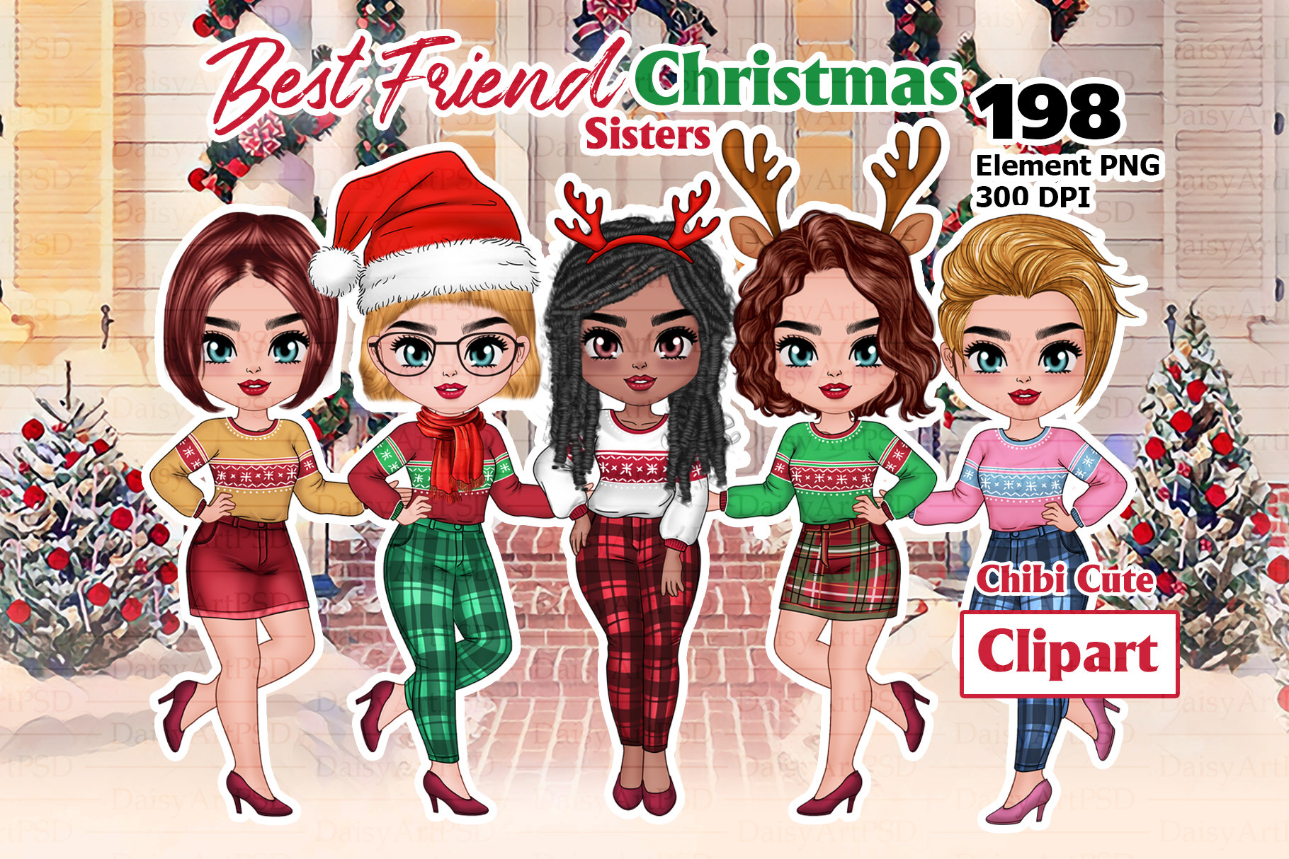 Christmas Best Friends Chibi Clipart Best Friends Together - Etsy