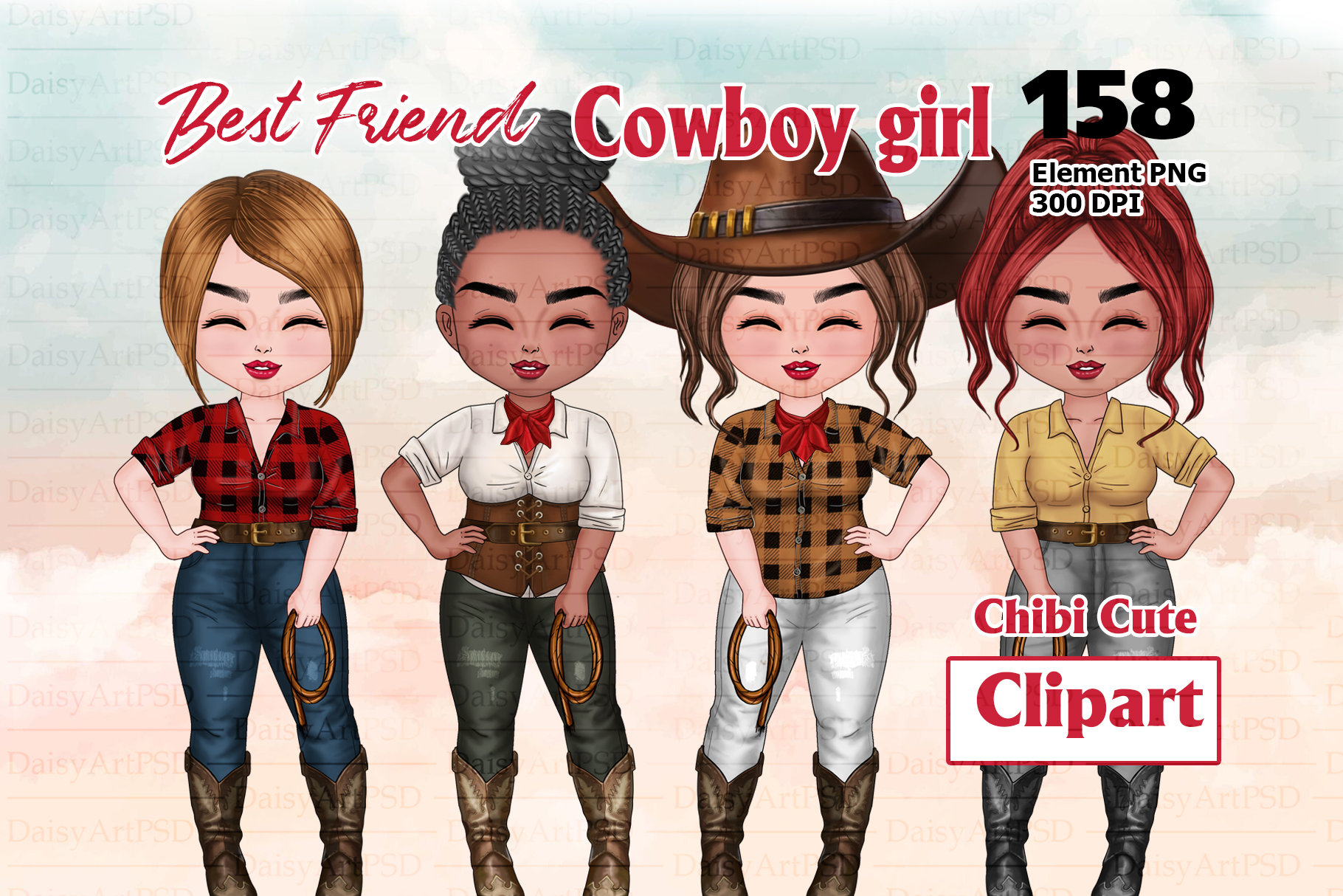 Cowgirl Chibi Clipart, Best Friends, Country Girls (PNG) - Etsy