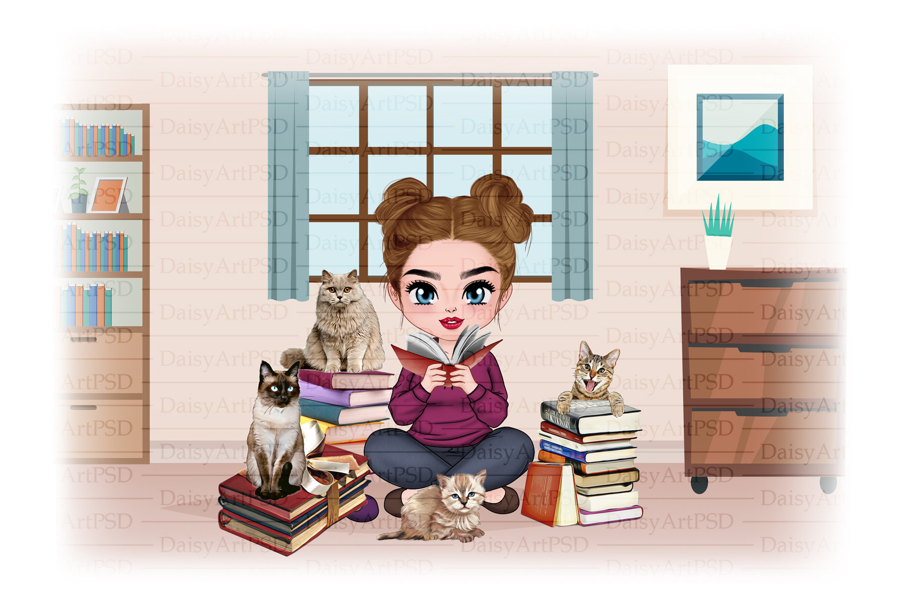 Reading Girl and Cat Chibi Clipart Book Lover Clipart - Etsy