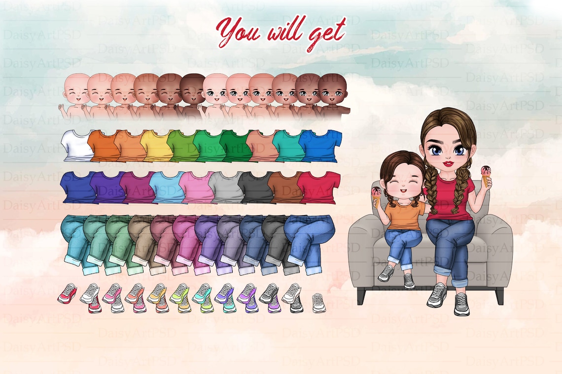 Mother and Daughter Chibi Clipart Mother and Little - Etsy