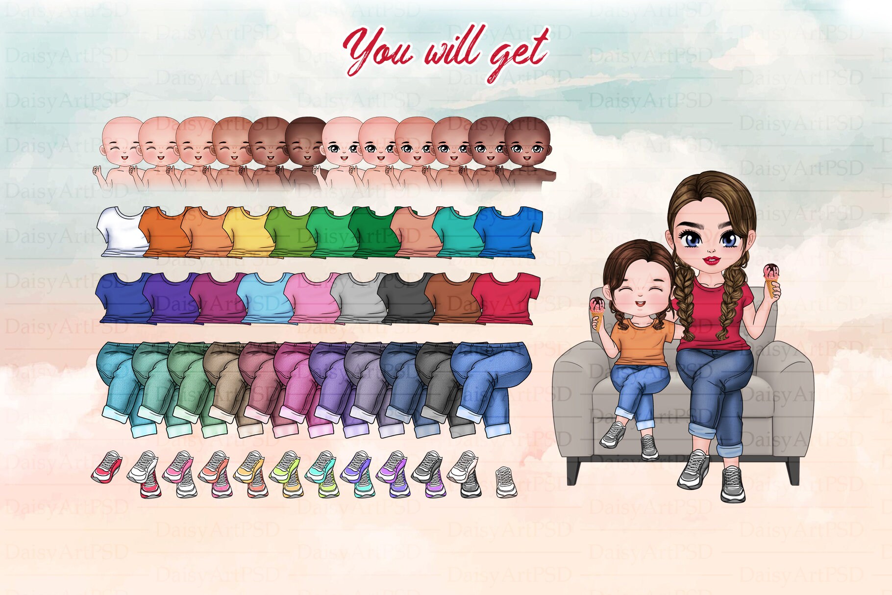 Mother & Daughter Chibi Clipart: Mom's Day PNG (digital Download) - Etsy