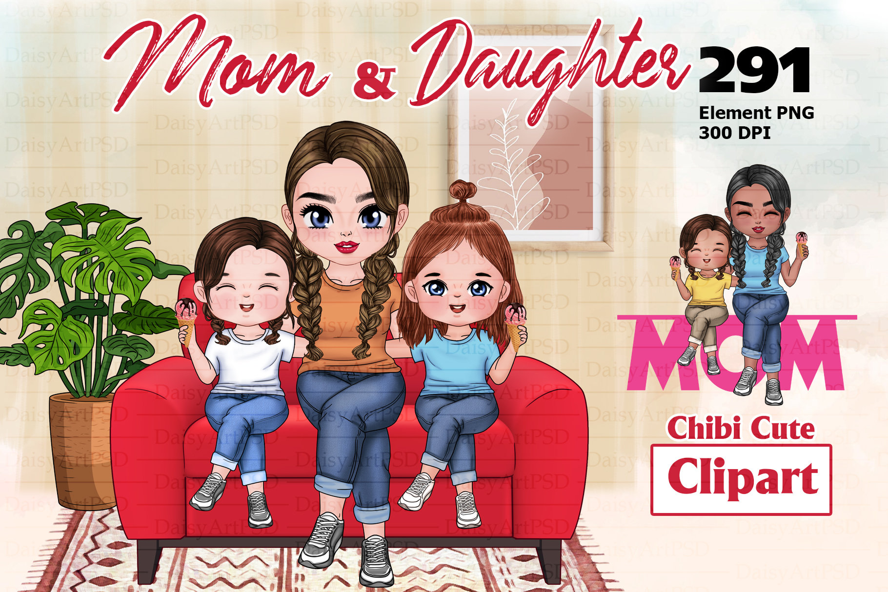 Mother and Daughter Chibi Clipart Mother and Little - Etsy