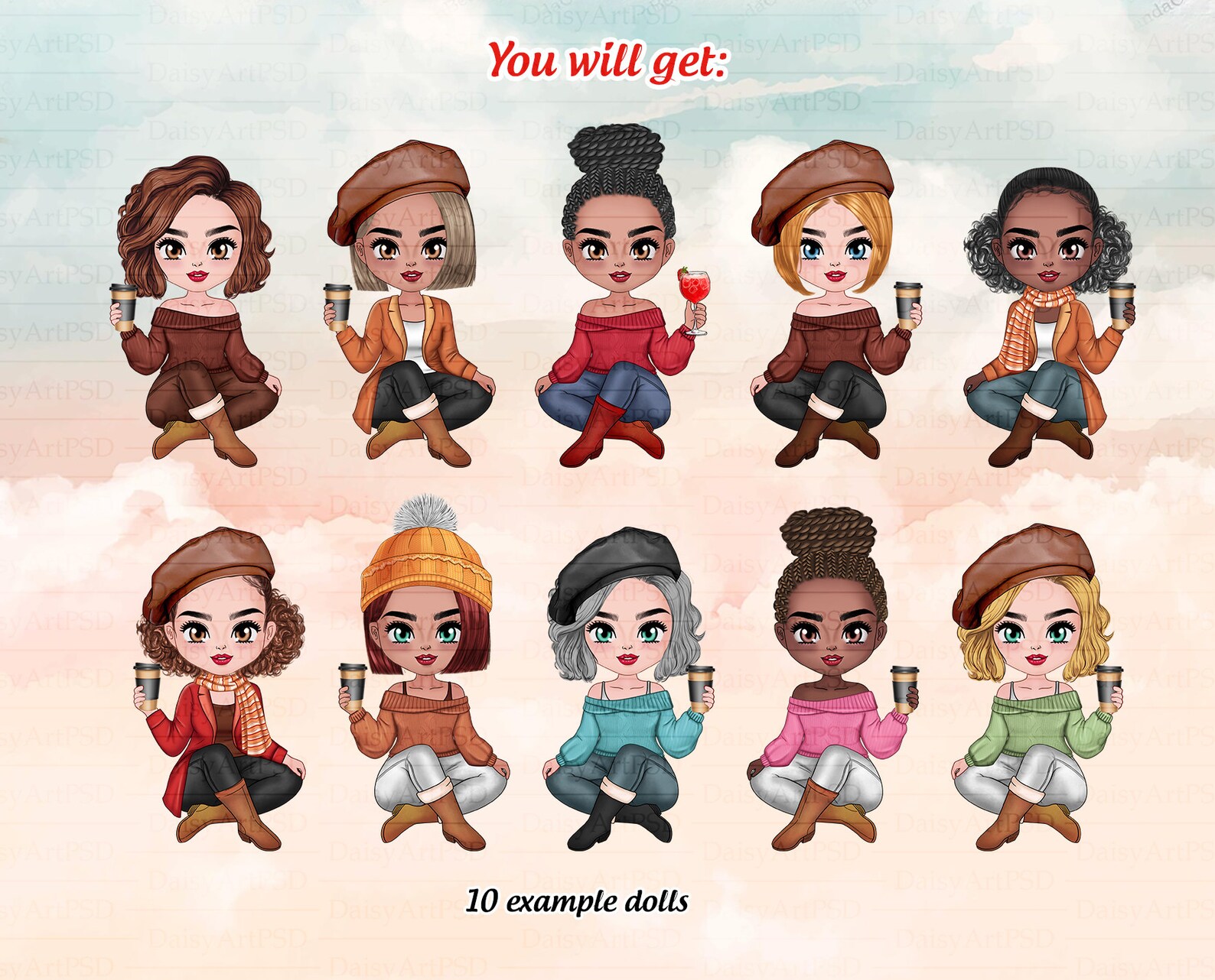 Autumn Girl Collection Chibi Clipart Fall Best Friends - Etsy