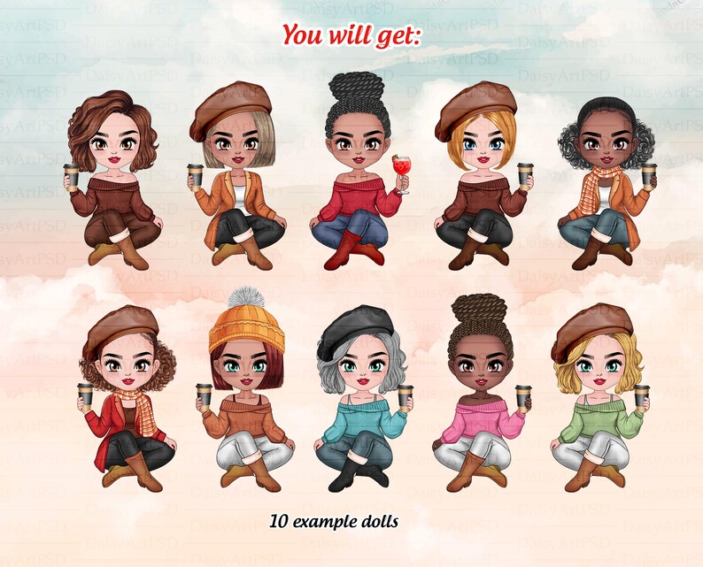 Autumn Girl Collection Chibi Clipart Fall Best Friends - Etsy