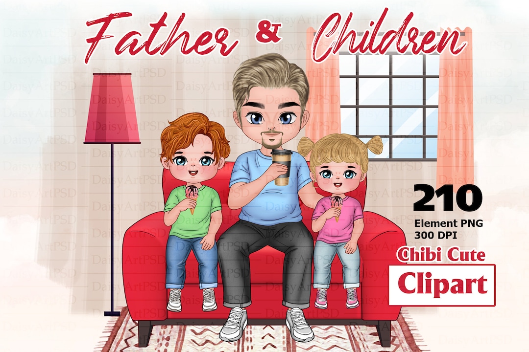 Father and Children Chibi Clipart, Father and Son and Daughter, Father ...
