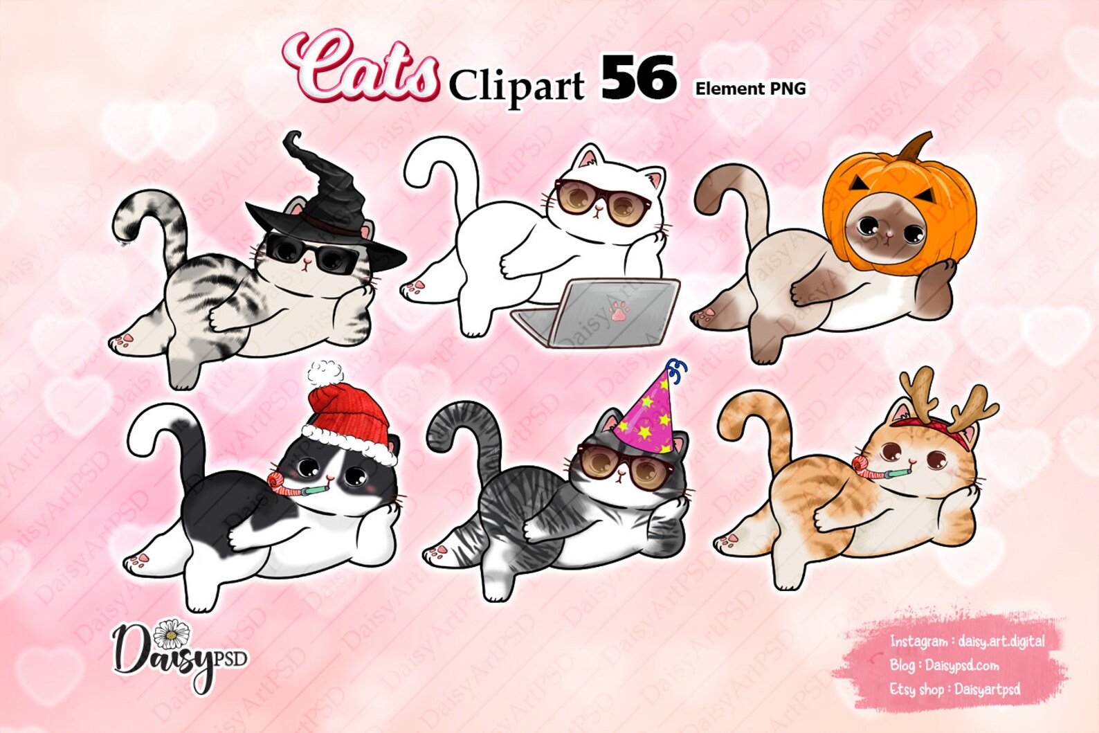 Funny Cats Clipart, Cat Clipart Set, Cute Cat Clipart, Kitten Lying ...