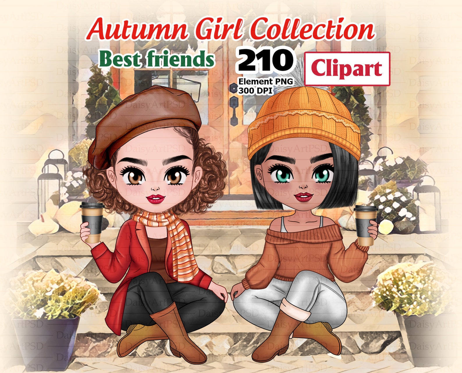 Autumn Girl Collection Chibi Clipart Fall Best Friends - Etsy