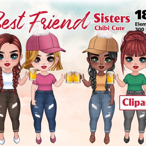 Best Friends Chibi Cute Clipart Besties Beer Clipart Fashion - Etsy