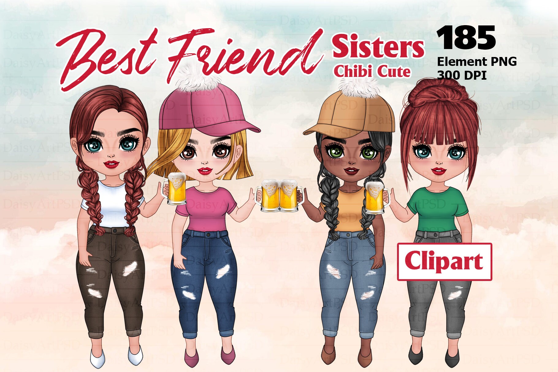 Best Friends Chibi Cute Clipart Besties Beer Clipart Fashion - Etsy