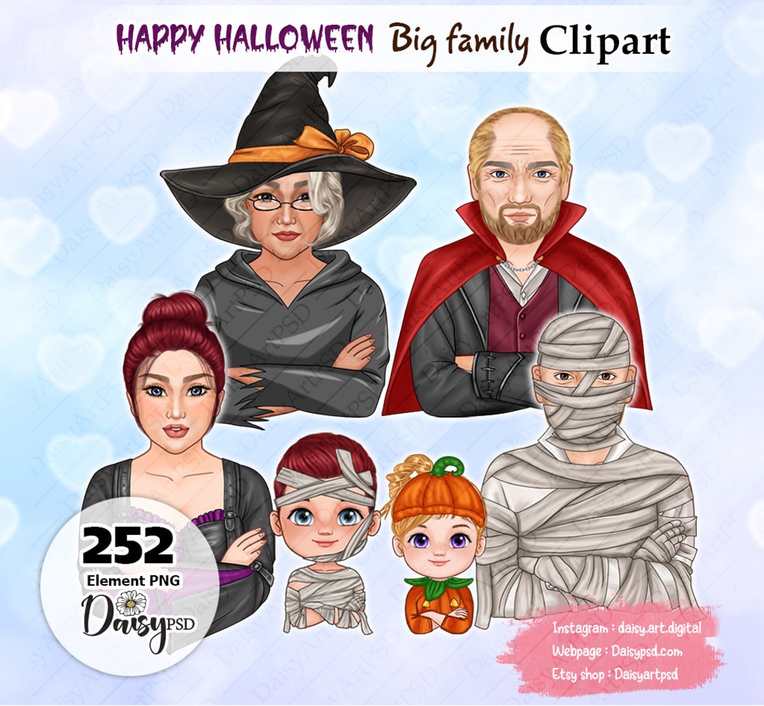 Halloween Family Clipart, Custom Big Family Portrait, Grandparents Mom ...