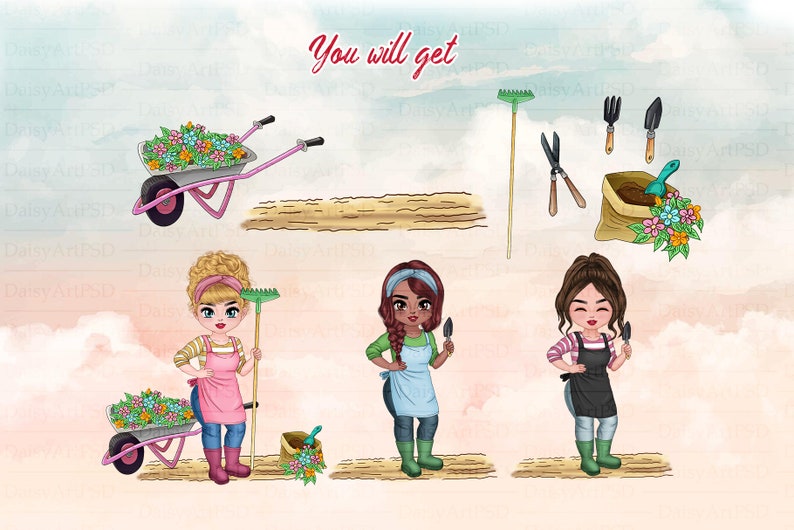 Spring Garden Chibi Clipart Fashion Garden Girls Gardening - Etsy