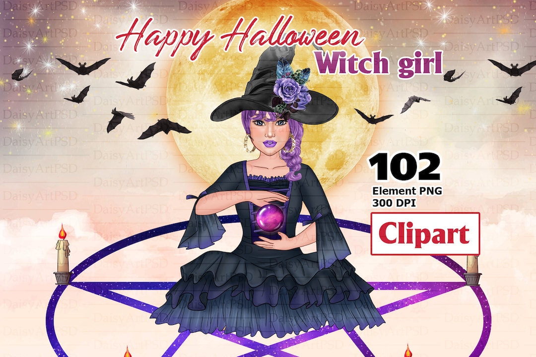 Witch Girl Clipart, Witch With Magic, Halloween Clipart, Witch Sisters ...