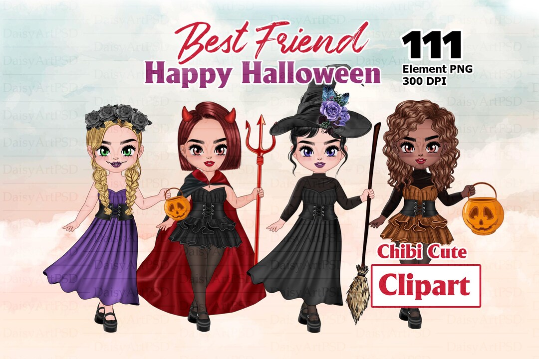 Halloween Chibi Clipart, Best Friend, Witch Sisters, Vampire Chibi ...