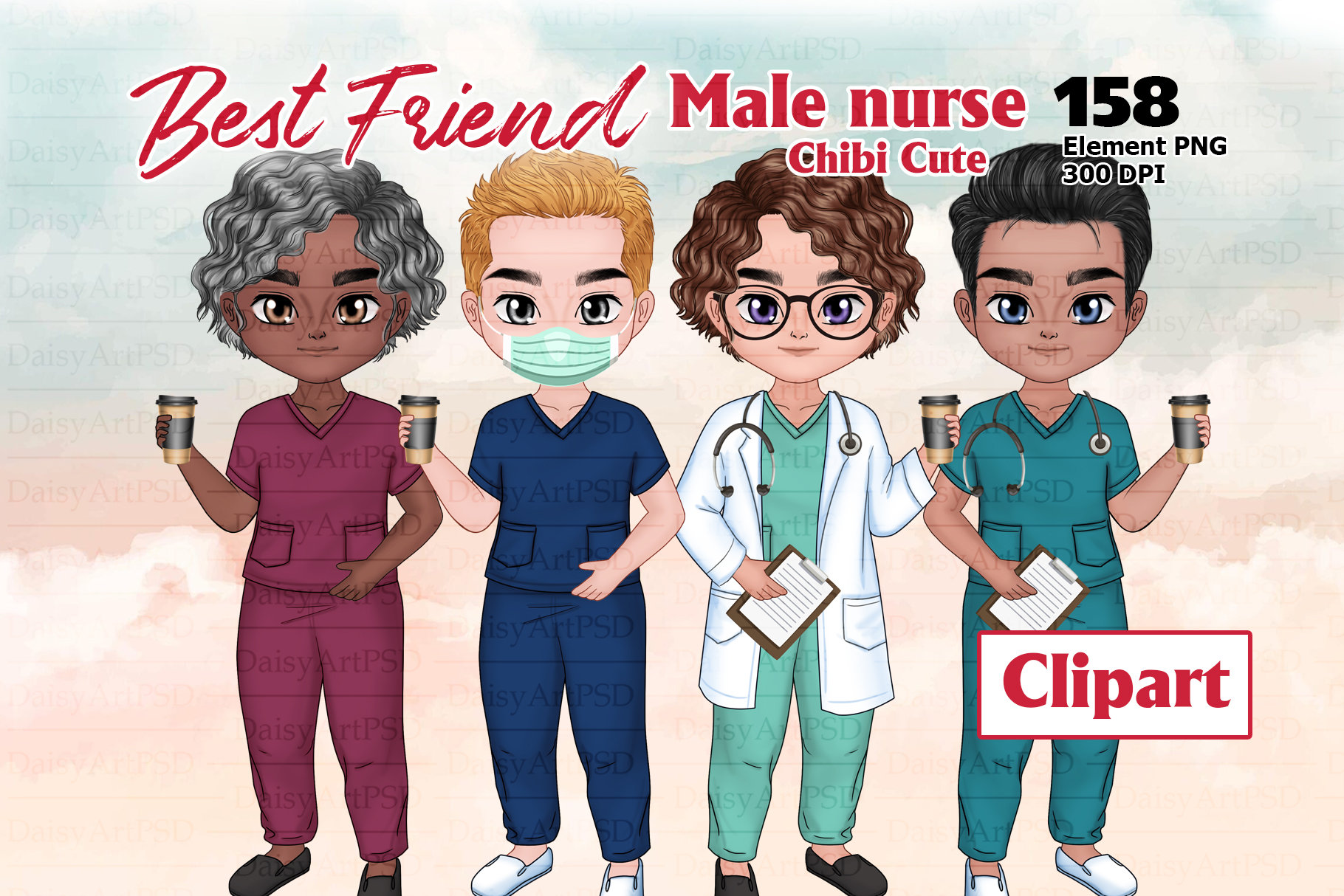 Male Nurse Chibi Clipart: African American Doctors, Planner Stickers ...