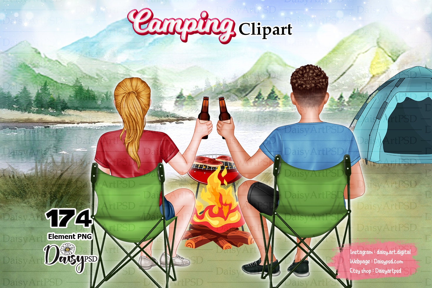 Camping Couple Clipart: Summer Travel Graphics (PNG) - Etsy