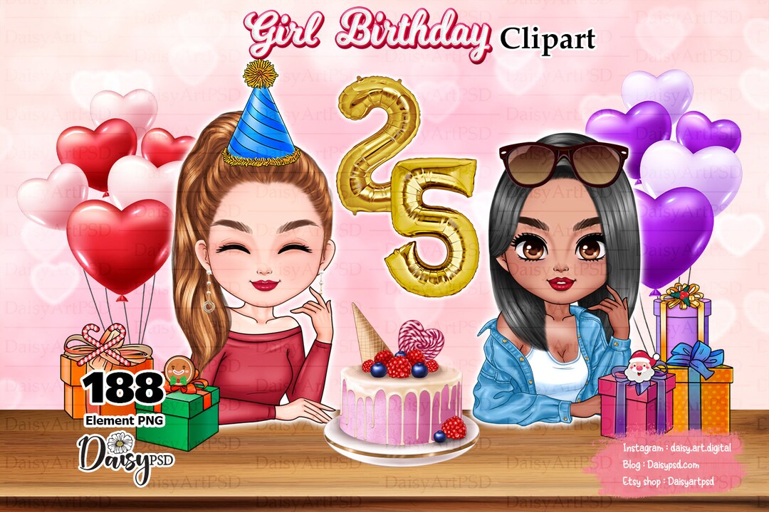 Girl Birthday Clipart: Cake & Balloons PNG Graphics (digital Download ...