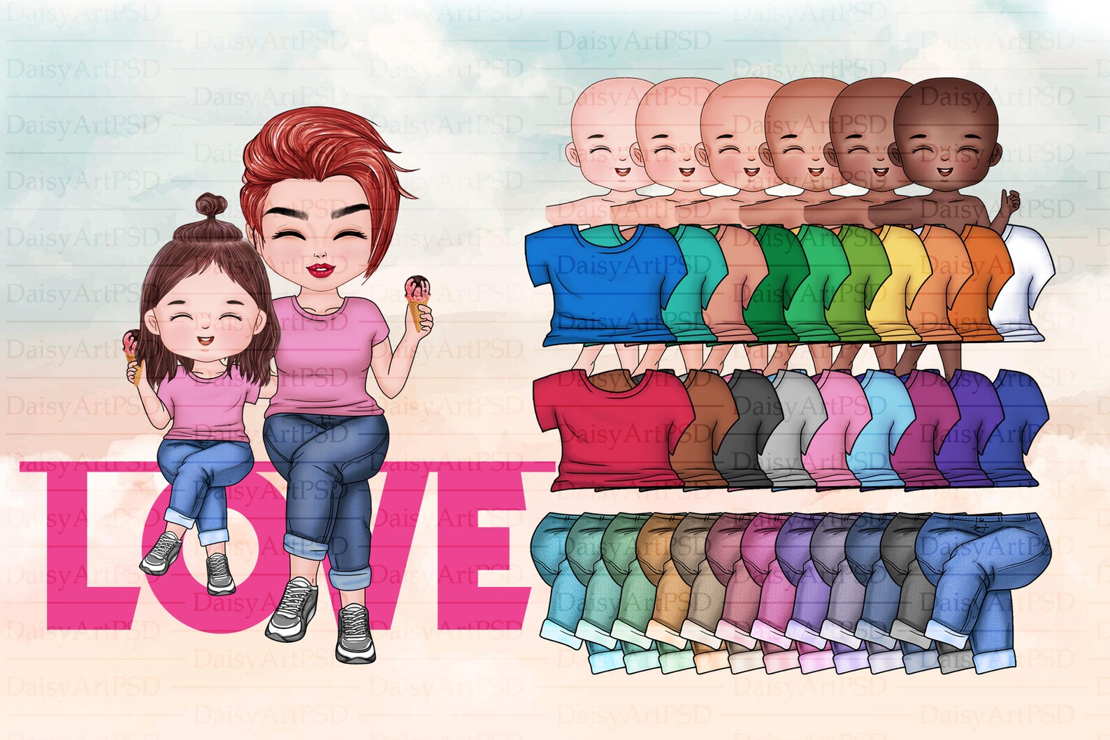 Mother and Daughter Chibi Clipart Mother and Little - Etsy