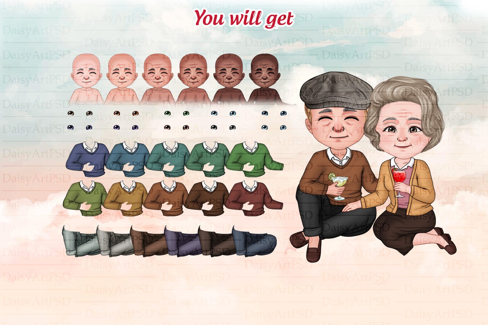 Elderly Couple Autumn Chibi Clipart Grandpa and Grandma - Etsy