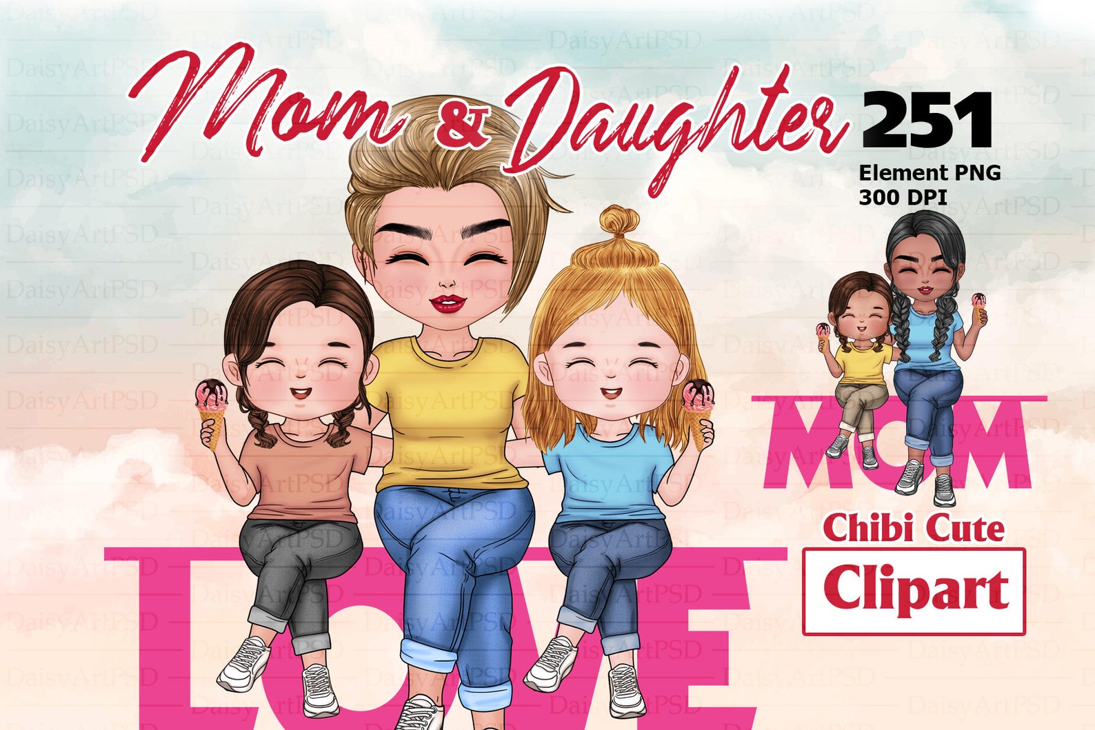 Mother and Daughter Chibi Clipart Mother and Little - Etsy