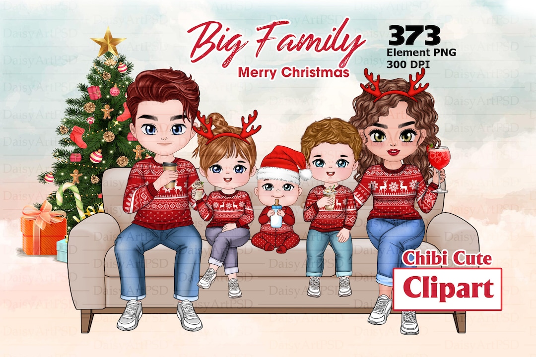 Big Family Christmas Chibi Clipart, Sitting Family, Winter Family ...