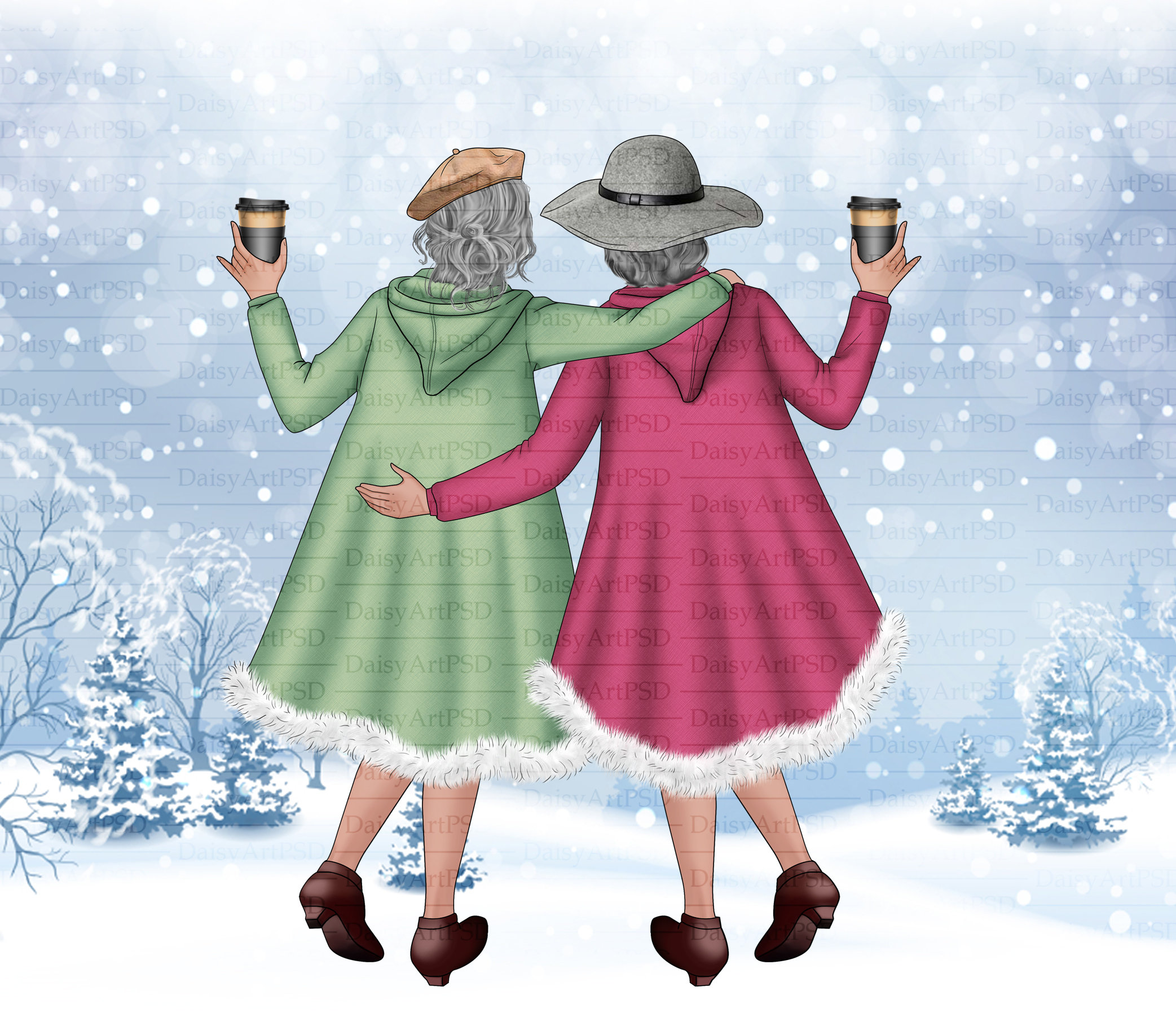 Christmas Best Friends Grandmother Old Ladies Clipart Winter | Etsy