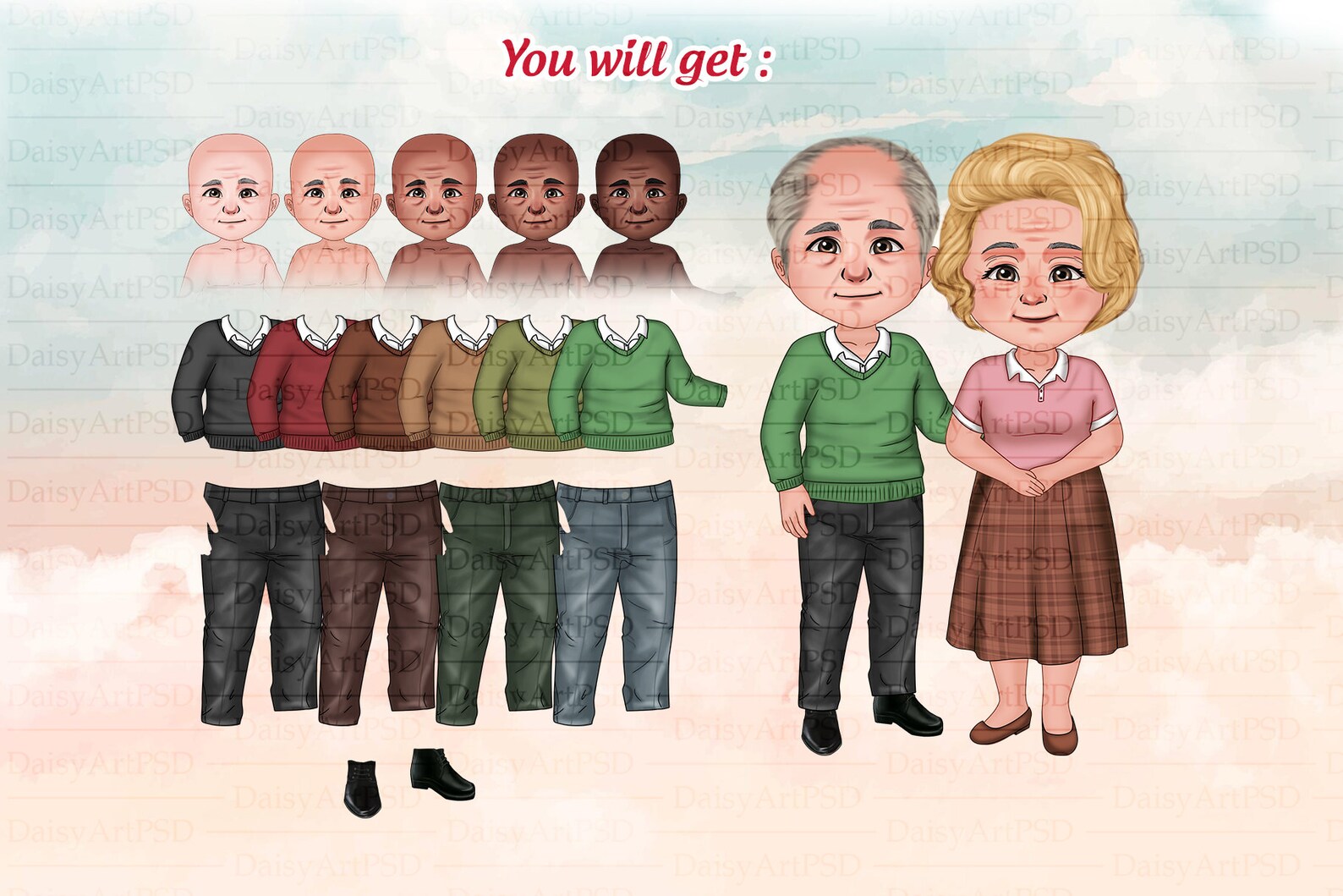 Elderly Couple Chibi Clipart Grandpa and Grandma Clipart Old - Etsy