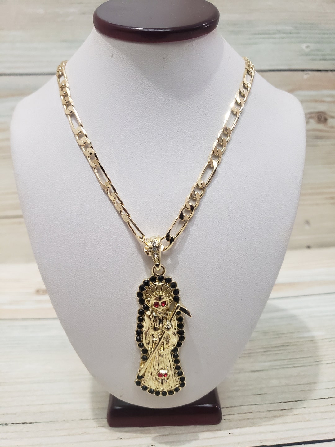 Santa Muerte Gold Plated Necklace Brand New Chain Red Eye and Black ...