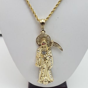 Santa Muerte Gold Plated Rope Necklace Brand New Chain Red Eye Santa ...
