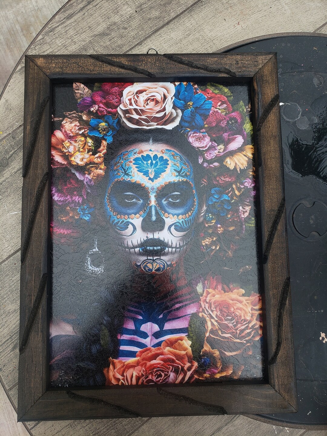 Santa Muerte Skull, Roses and Catrina Rustic Wooden Frame Painting Size ...
