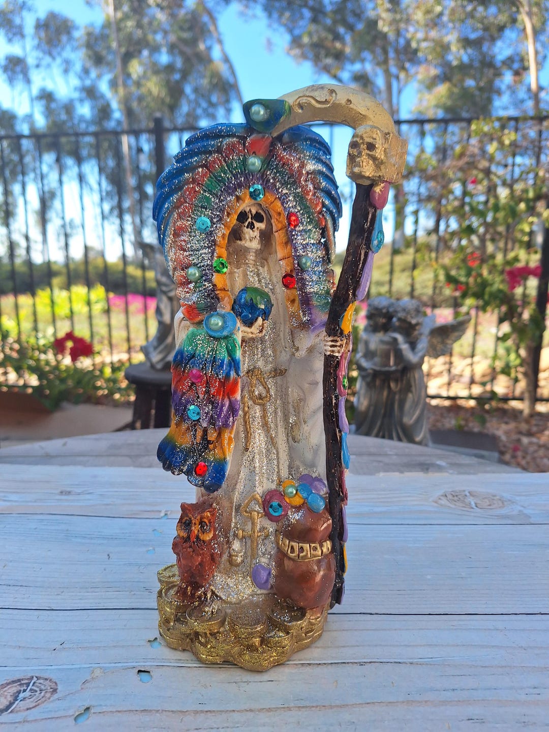 Santa Muerte Bendesida Aztec -13" Color Rainbow White - Holy Death Fix ...