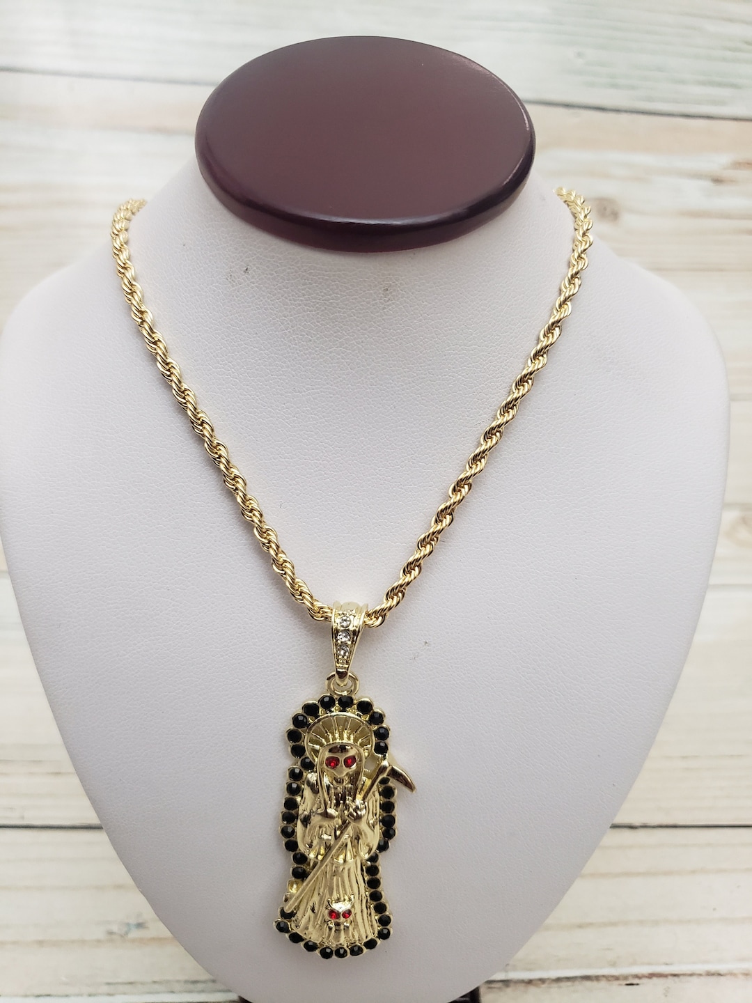 Santa Muerte Gold Plated Necklace Brand New Chain Red Eye With Black ...
