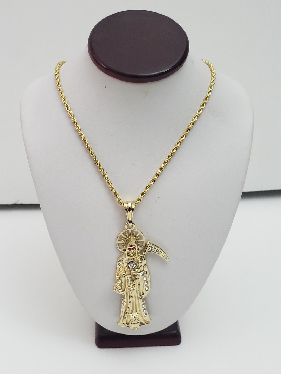 Santa Muerte Gold Plated Rope Necklace Brand New Chain Red Eye Santa ...