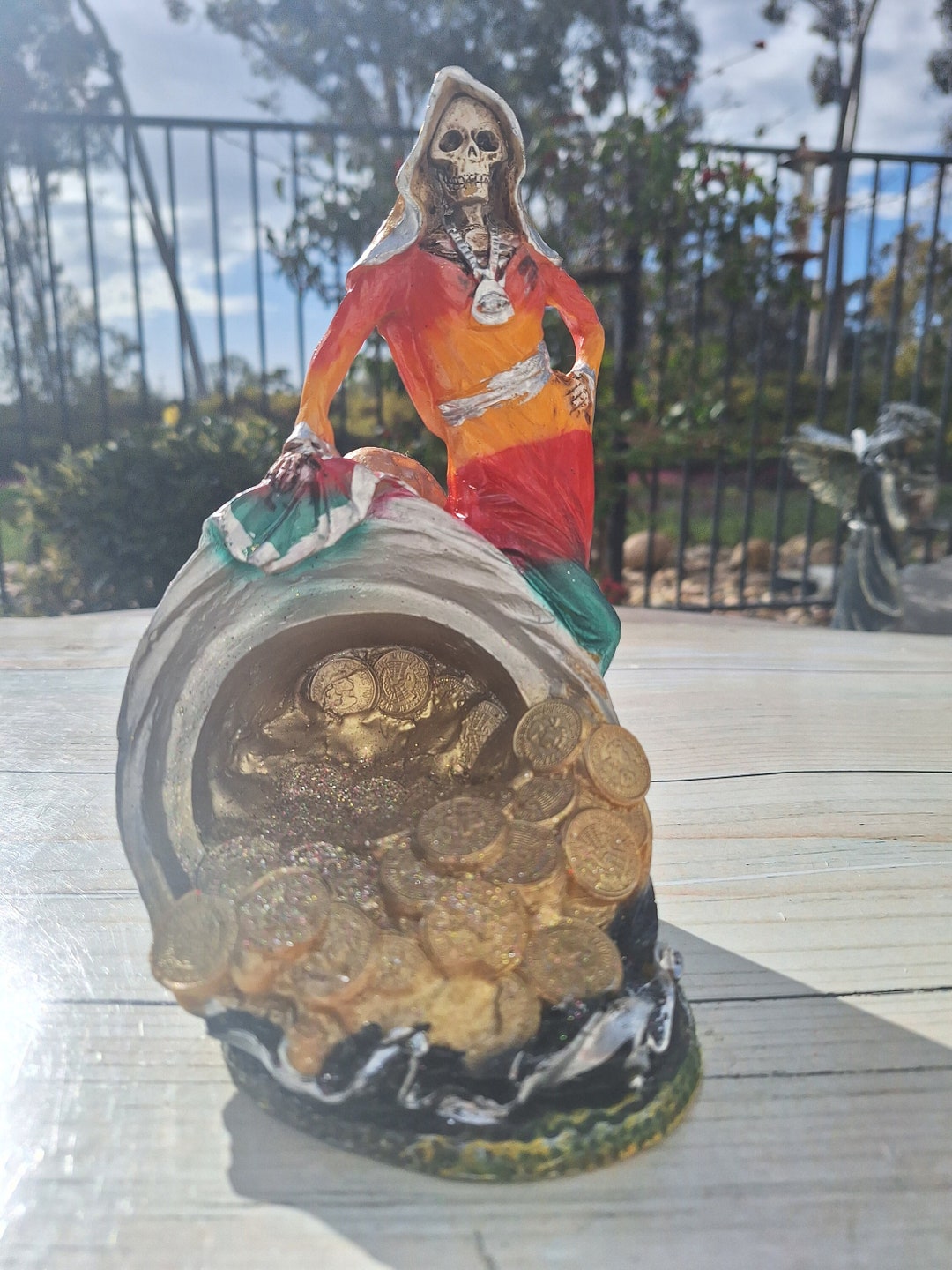 Santa Muerte Color Rainbow 9" Holy Death Statue - Gold - Coins -curada ...