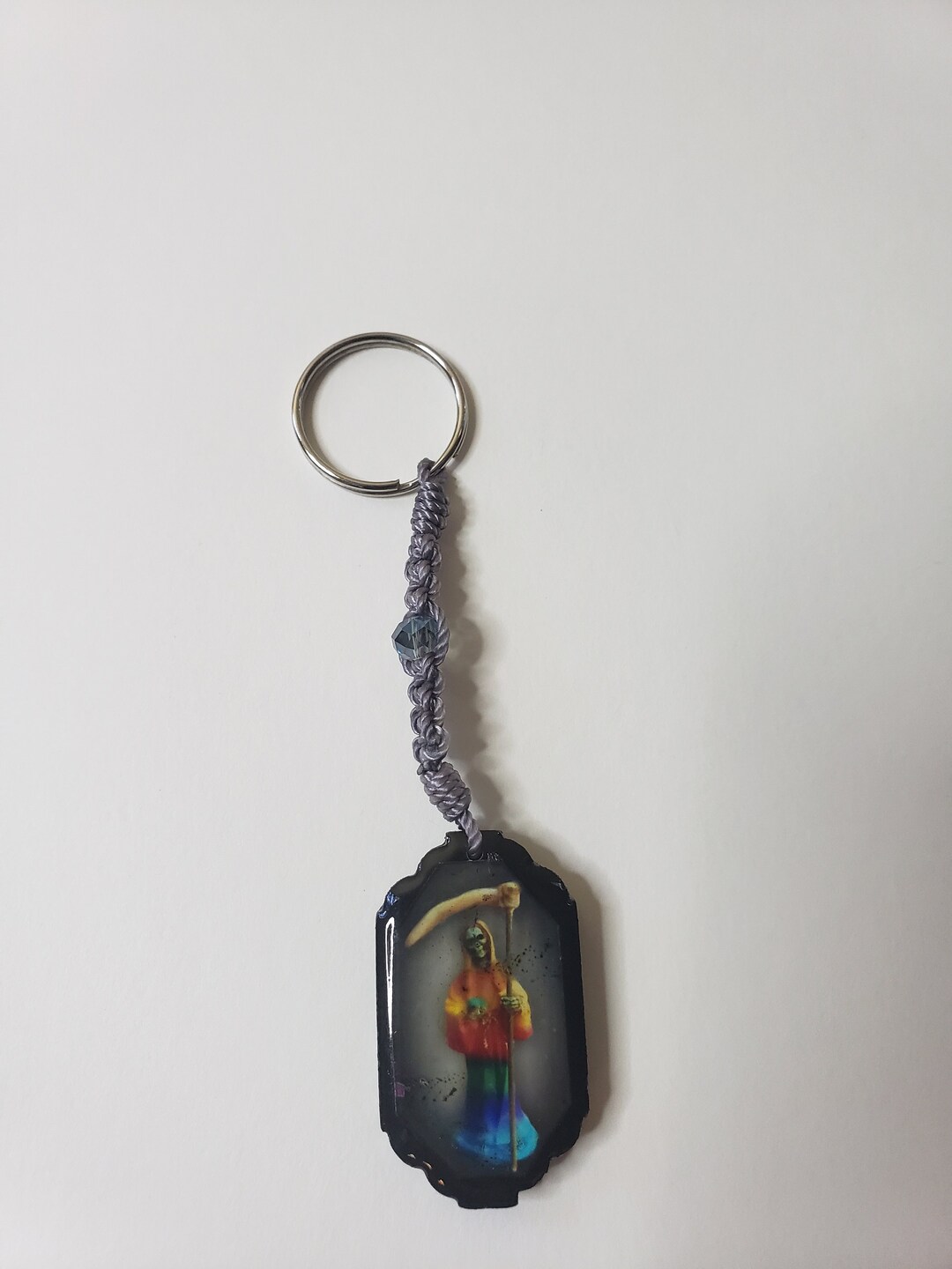 Santa Muerte Keychain Raibow Handmade- Wood + Silk Thread - Llavero De ...