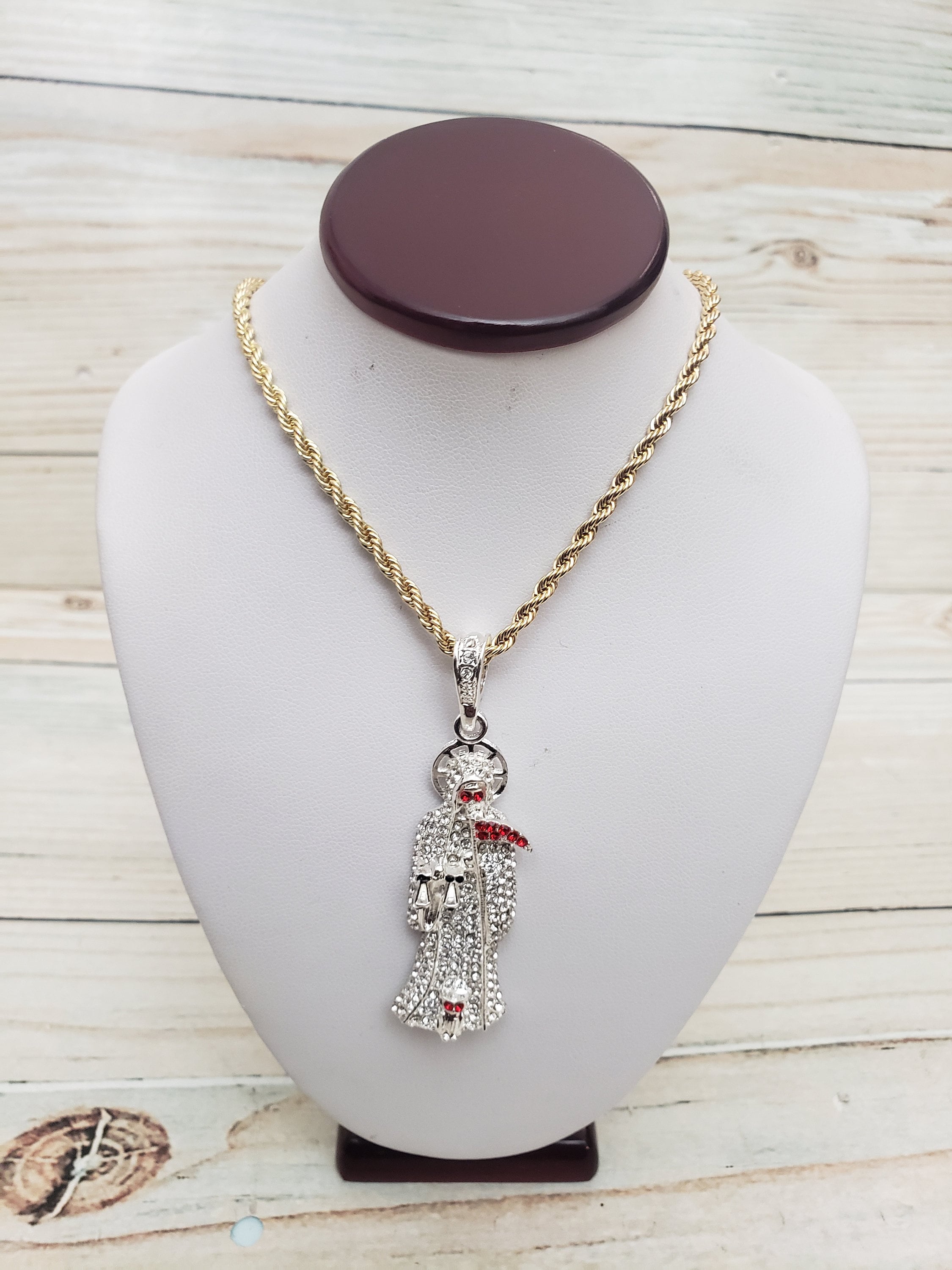 Santa Muerte Gold Plated Necklace With Red Eye - 15" Chain - Etsy