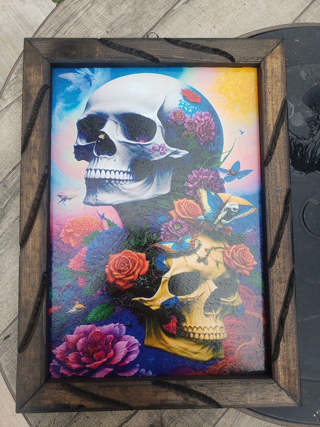 Santa Muerte Skull, Roses and Butterflies Rustic Wooden Frame Painting ...