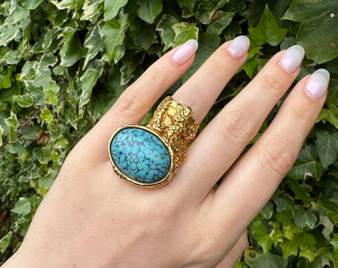 Multi Gemstone Gold Ring Big Extra Large Chunky Statement Baroque Pearl ...