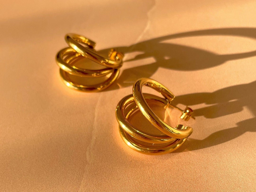 Gold Triple Hoop Earrings - WATERPROOF Earrings - Gold Hoops ...
