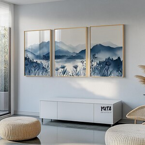 Navy Blue Mountain Landscape Wall Art Set of 3, Modern Botanical ...