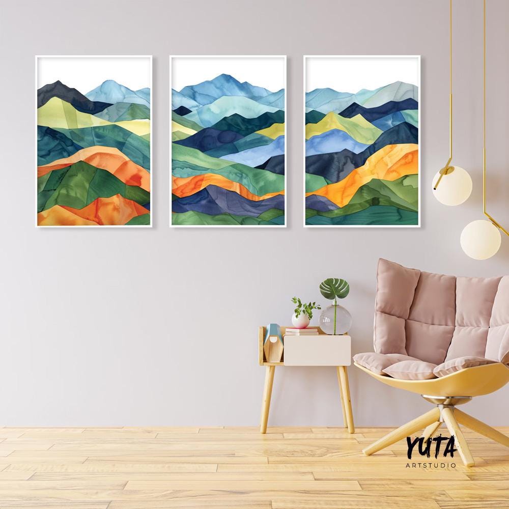 Colorful Mountains Wall Art Set of 3 Prints, Mid Century Modern Large ...