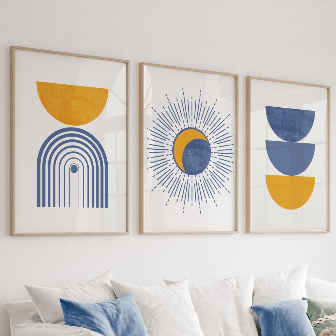 Blue Mustard Yellow Modern Boho Set of 3 Print. Bohemian Trendy ...