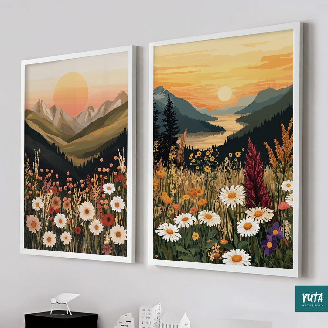 Boho Wildflower Mountain Sunset Landscape Painting Wall Art Set of 2 ...