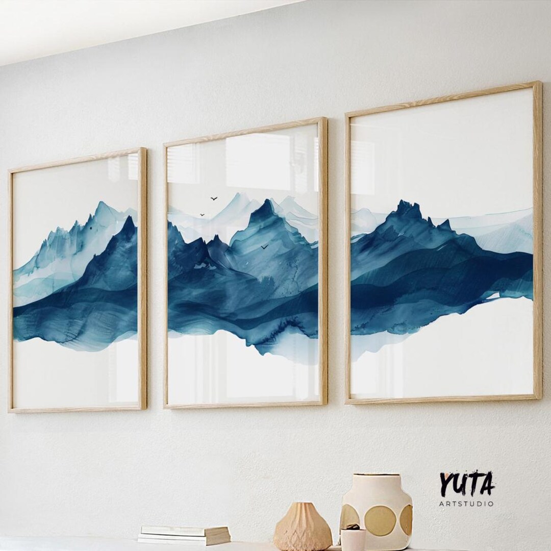 Navy Blue Minimalist Abstract Mountain Set of 3 Prints. Modern ...