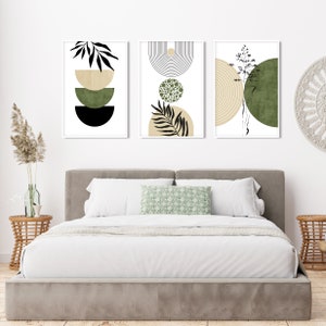 Green Black Boho Wall Art Set of 3 Prints. Mid Century Modern Room ...