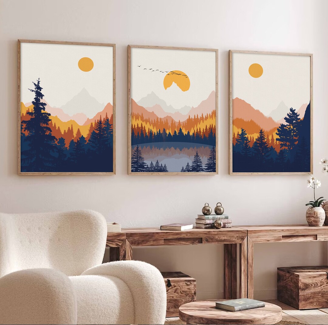 Mountain Wall Art Set of 3 Print. Modern Terracotta Navy Blue Nature ...