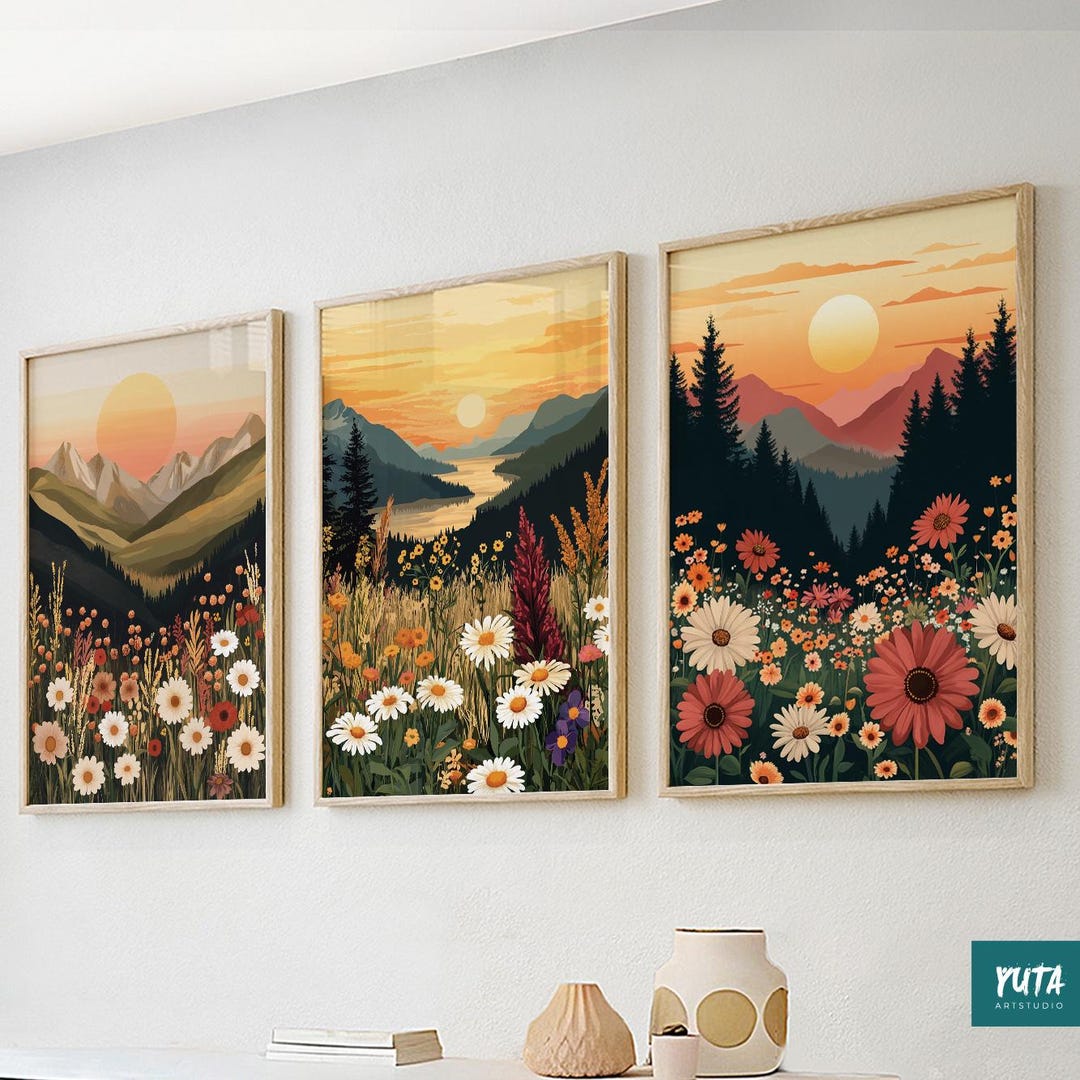 Set of 3 Boho Wildflower Mountain Sunset Landscape Print, Floral ...