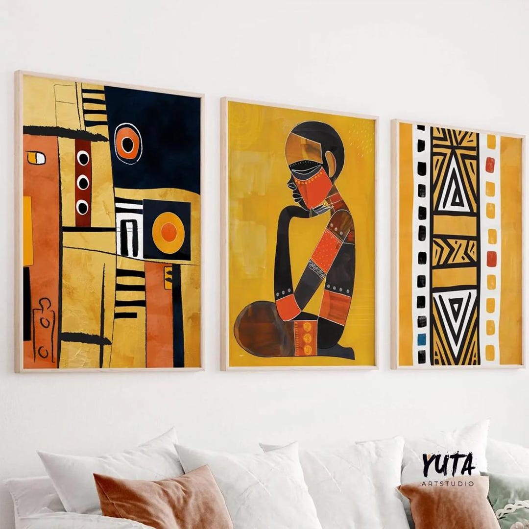 Mustard African Art Set of 3 Print. Odern Ethnic Gallery Wall Set ...